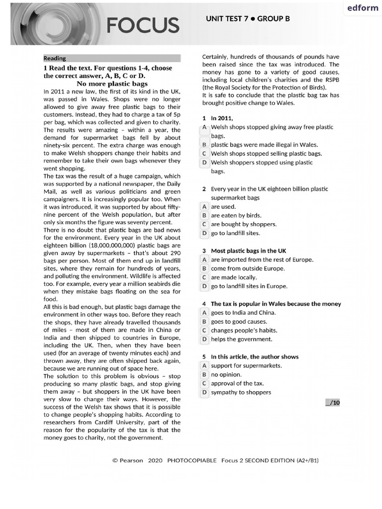 Focus2 Unit 7 Test GroupB - Edform | PDF