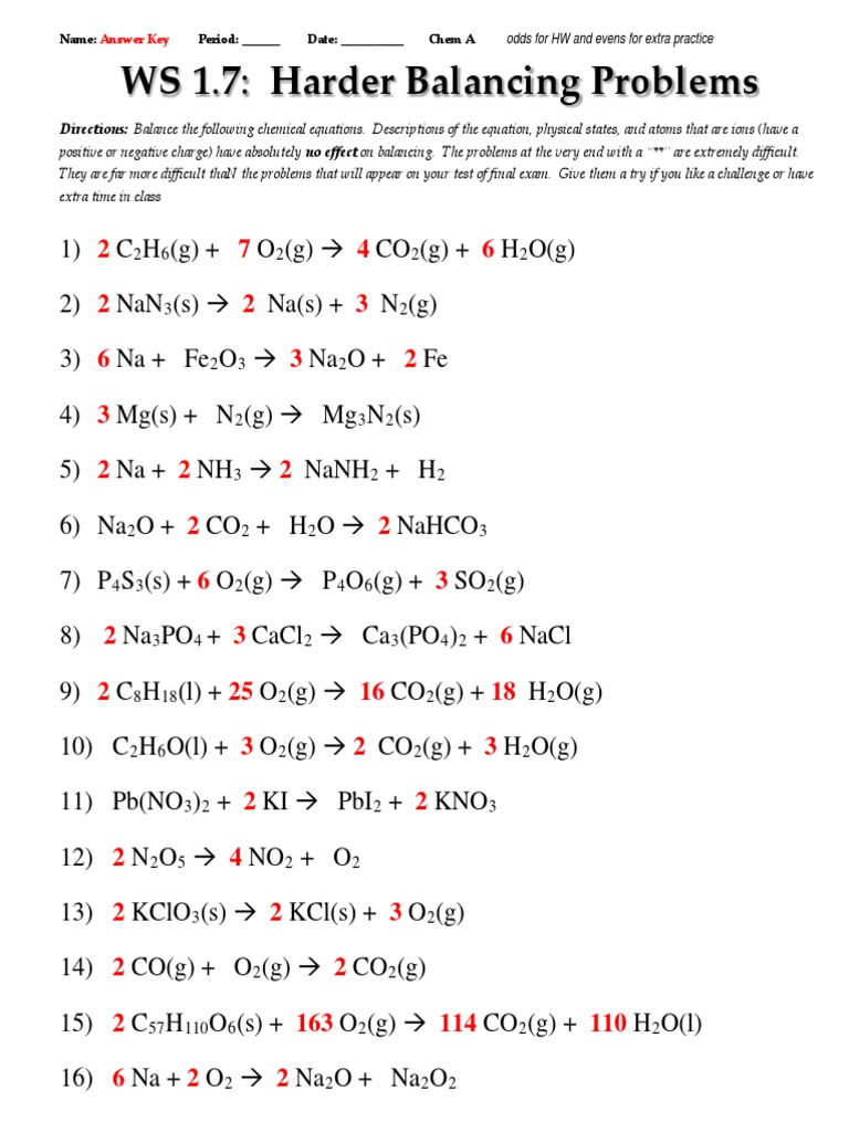 UNIT 1 - Assignment 7 - Harder Balancing Problems - Answer Key | PDF