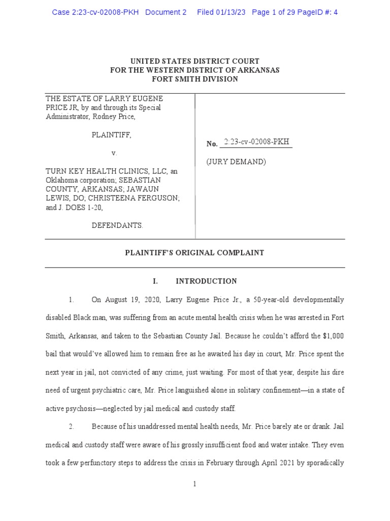 Federal Complaint in Death of Larry Eugene Price, Jr. | PDF | Prison ...