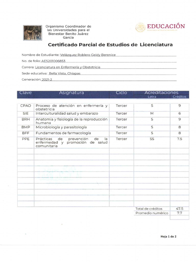 Certificado Parcial de Estudios de Licenciatura 2021-2 | PDF Certificado Parcial de Estudios de Licenciatura 2021-2 | PDF