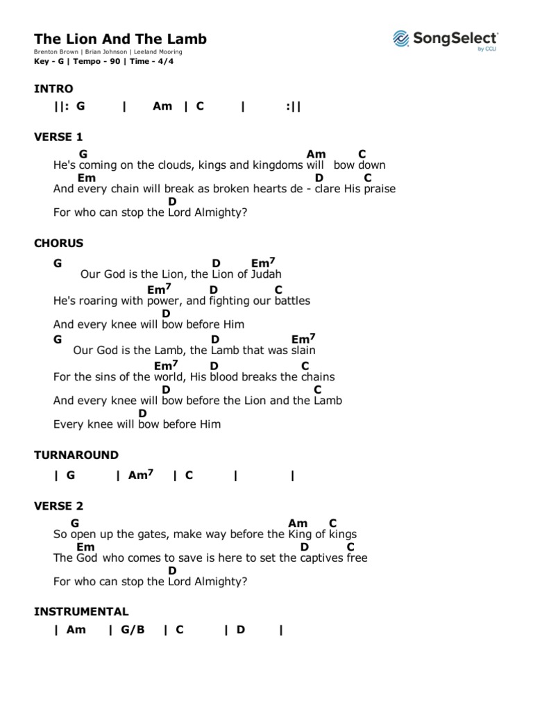 The Lion and The Lamb - SongSelect Chart in G For Capo 4 | PDF