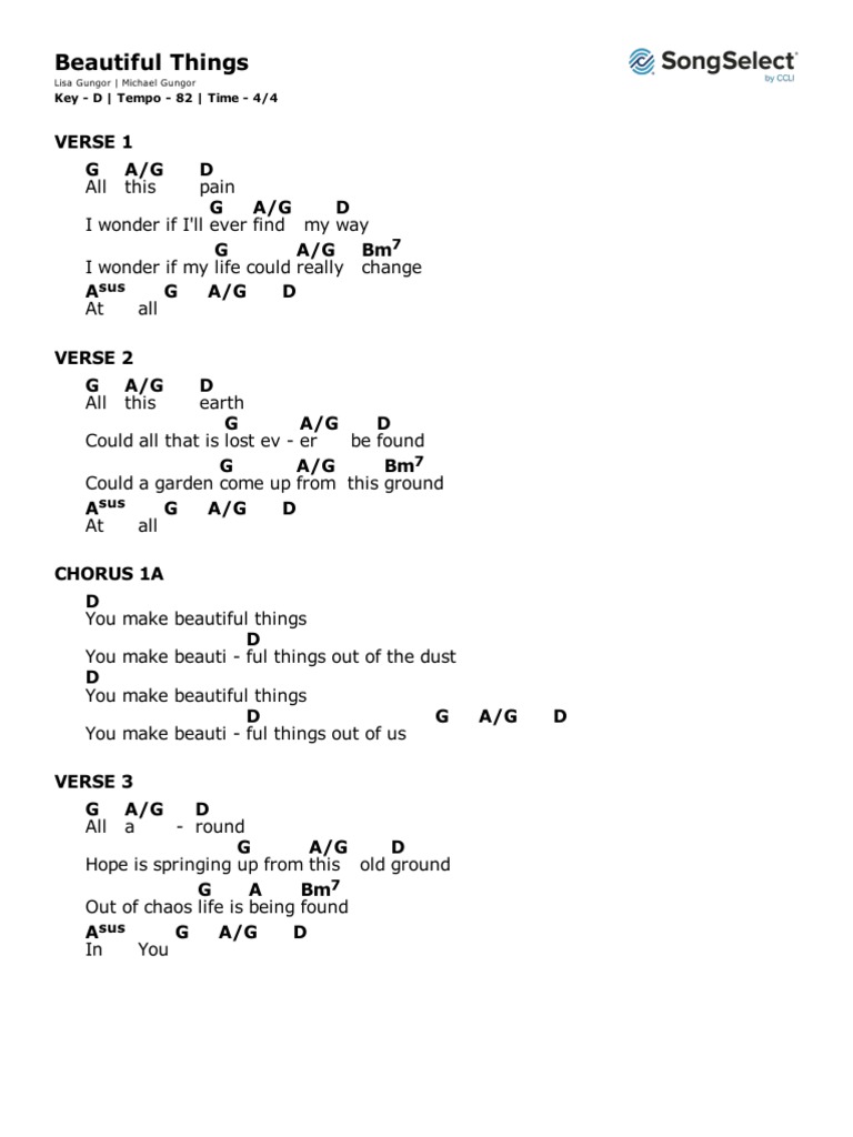 Beautiful Things - SongSelect Chart in D | PDF | Vocal Music | Oral ...