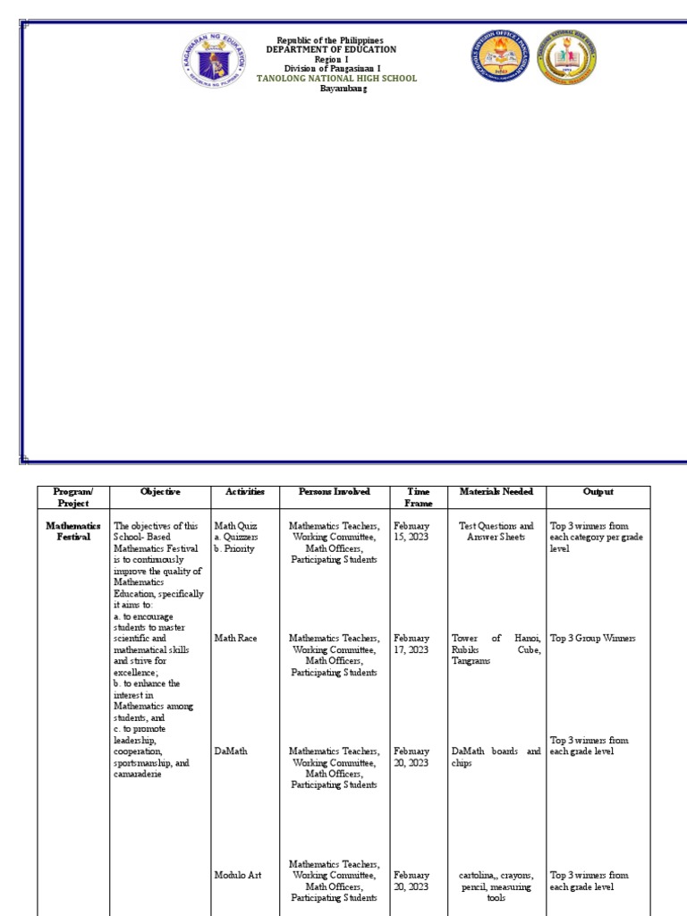 School-Based Mathematics Festival Plan | PDF | Mathematics