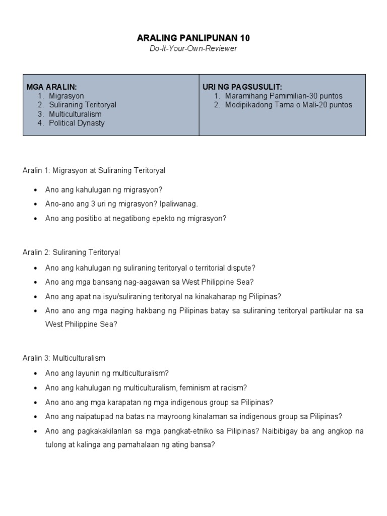 Araling Panlipunan 10-Reviewer | PDF