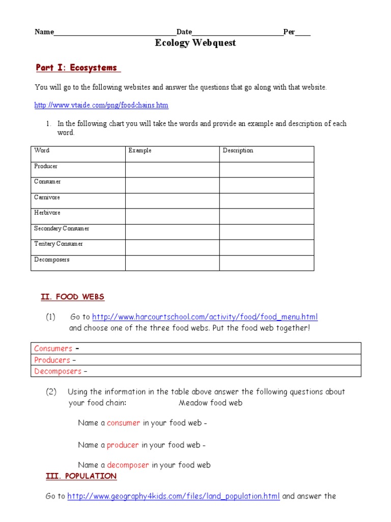 Ecology Webquest Day 1 Key-1 | PDF