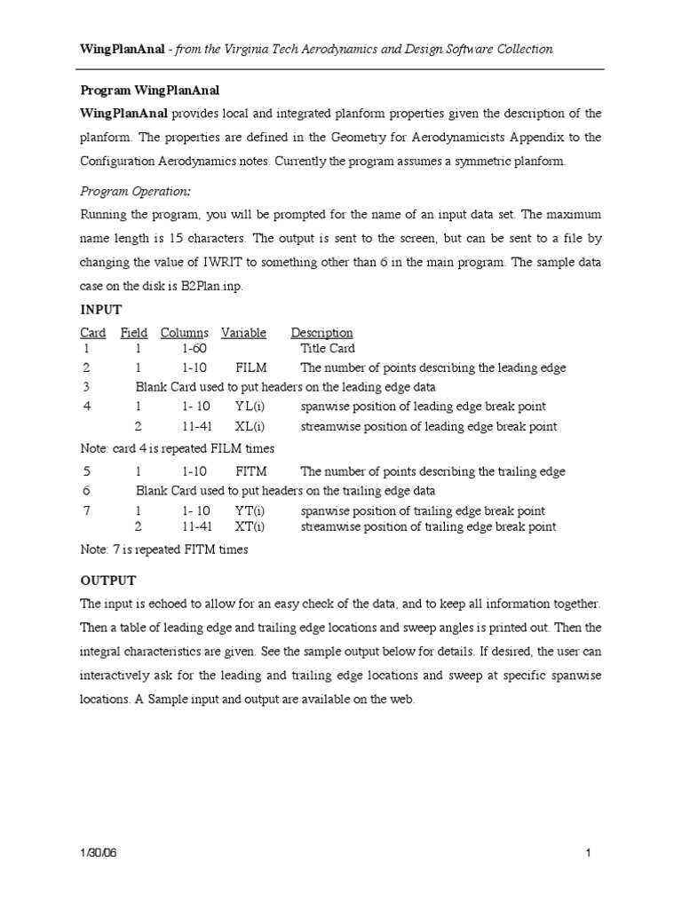 VT Aerodynamics Software WingPlanAnal | PDF | Aerospace | Computing