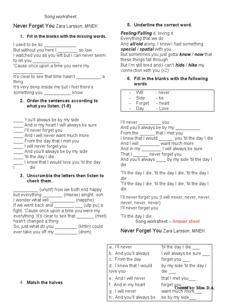 Never Forget You - Song Worksheet | PDF