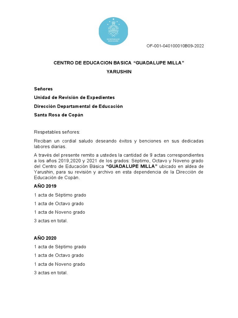 Oficio Entrega de Actas | PDF