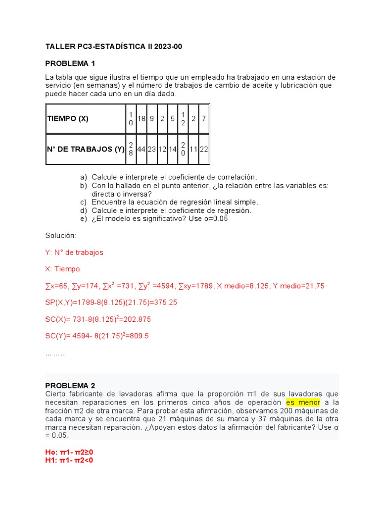 TALLER PARA PC3 - E2 - 2021-02 - Solucionario | PDF