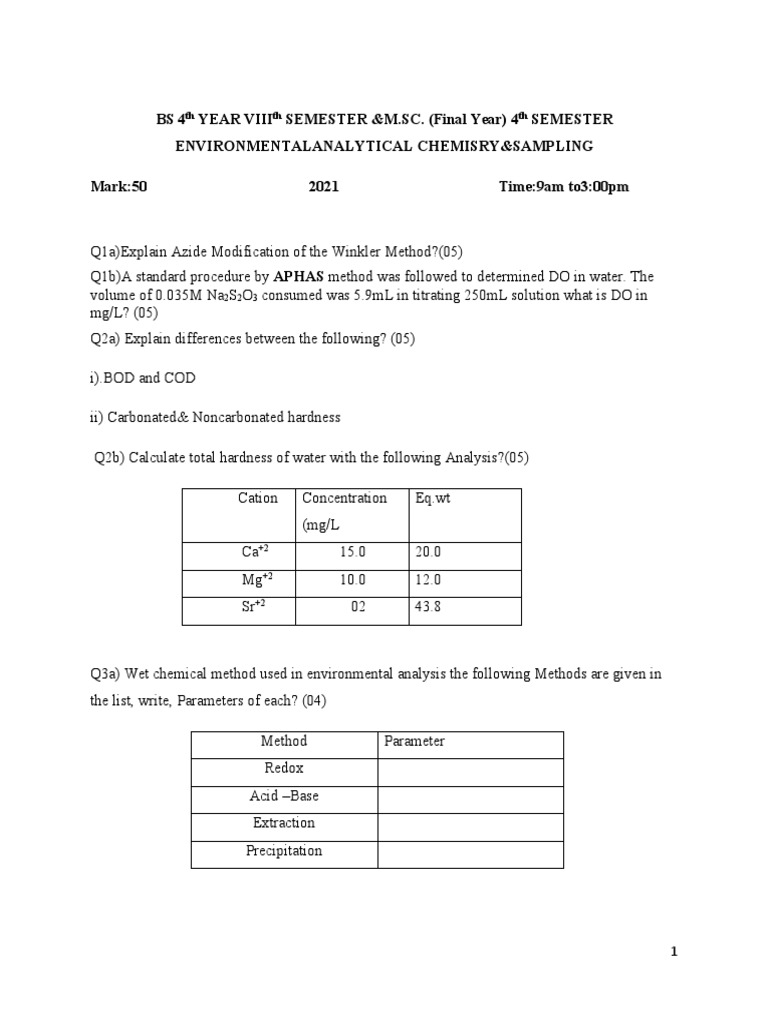 8th Seme, Analytical Environmental Analytical Chemistry &sampling Paper 2021-1 | PDF