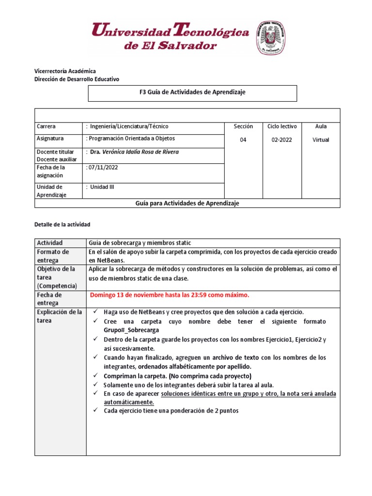 F 3 Guía Sobrecarga Y Staticos 04 Pdf Constructor Programación Orientada A Objetos