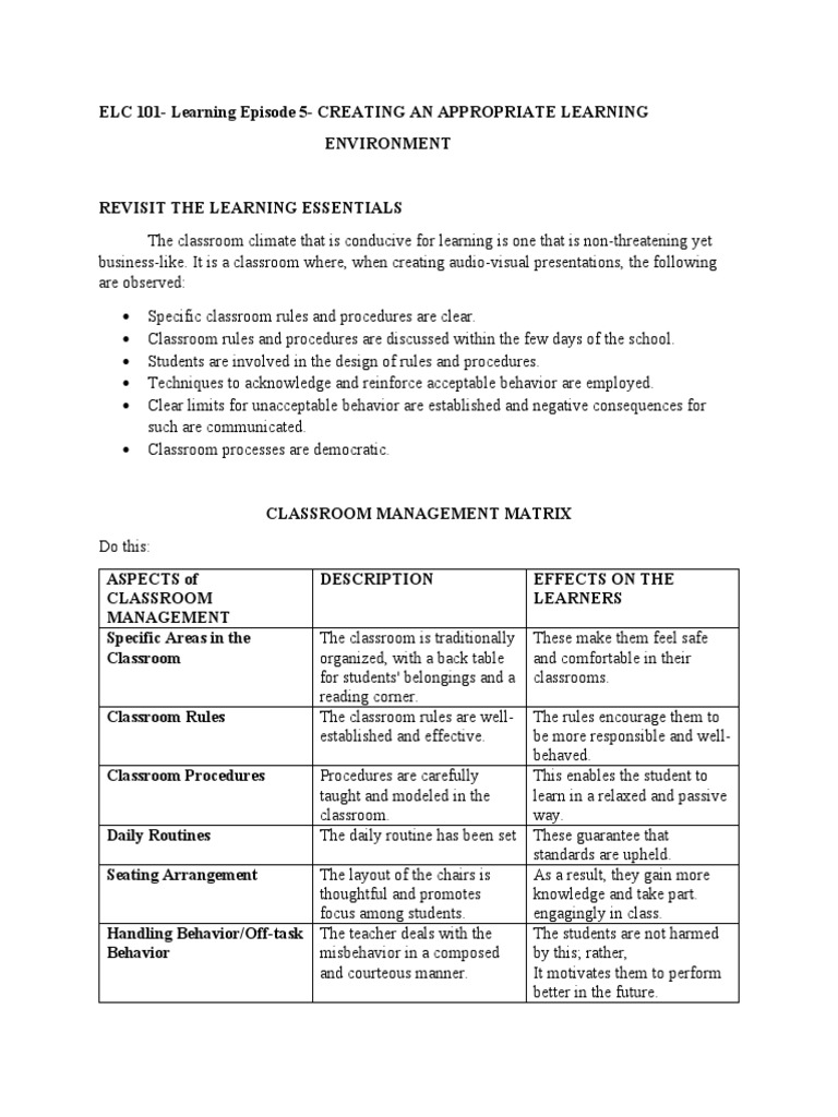 ELC101 - Episode 5 | PDF | Classroom | Learning