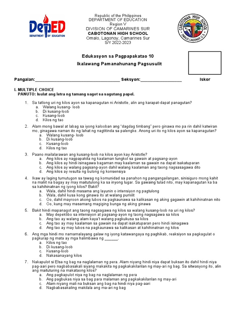 ESP10 2nd Quarter Exam | PDF