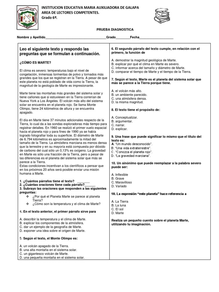 Prueba Diagnostica de Lectores Competentes para Grado 6º | PDF | Marte ...