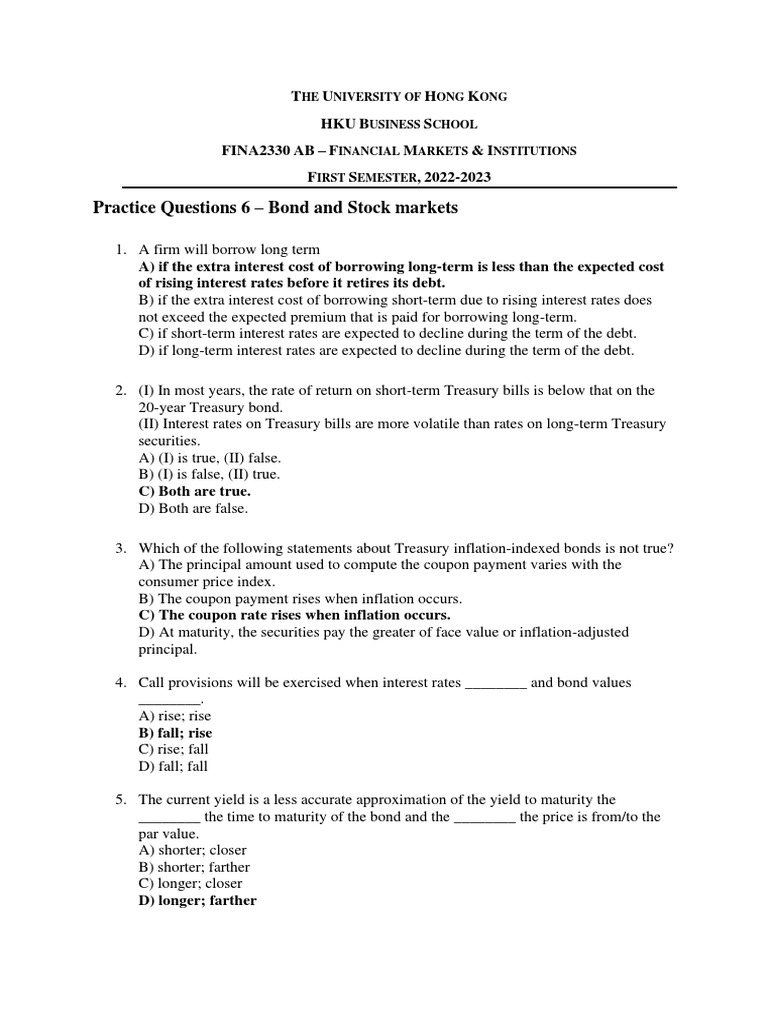 Bond and Stock Market Practice Questions | PDF | Bonds (Finance ...