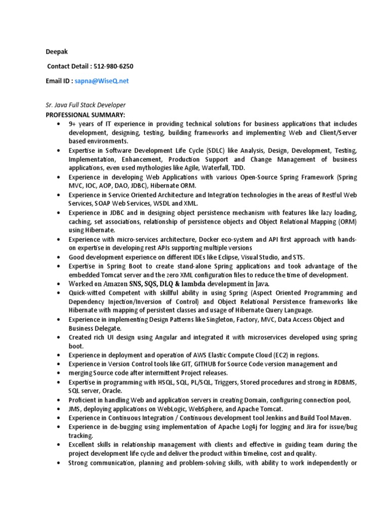 Deepak - Sr. Java Full Stack Developer | PDF | Spring Framework | Web Service