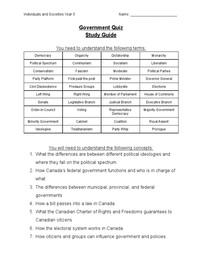 Government Quiz Study Guide | PDF | Politics