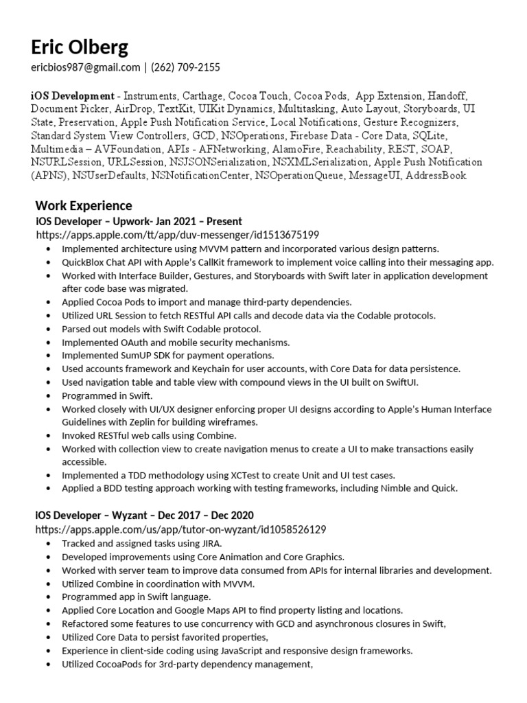 Eric Resume | PDF | Ios | Swift (Programming Language)