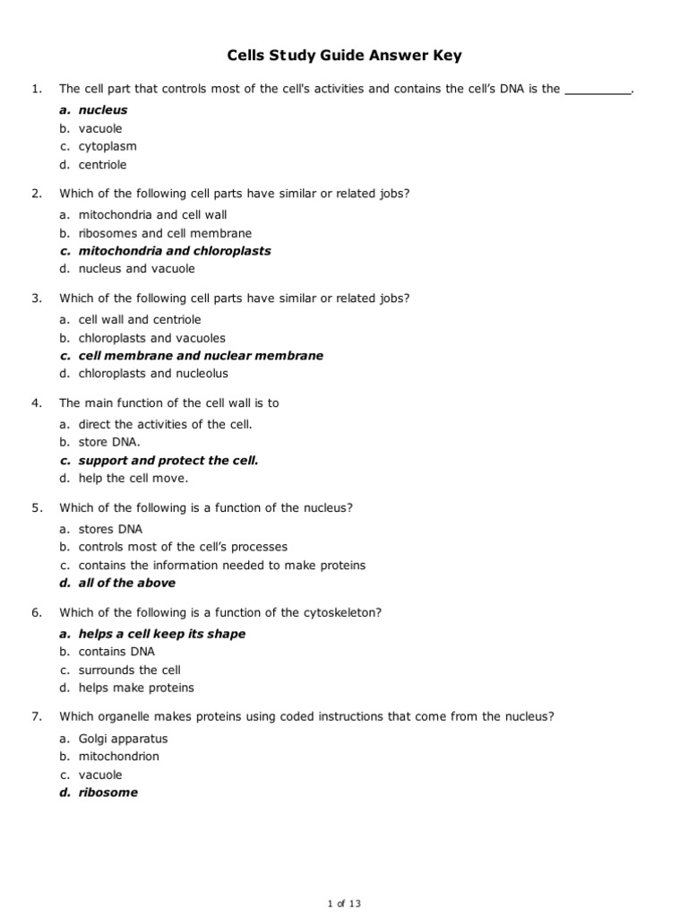Cells Study Guide Answer Key | PDF | Cell (Biology) | Cytoplasm