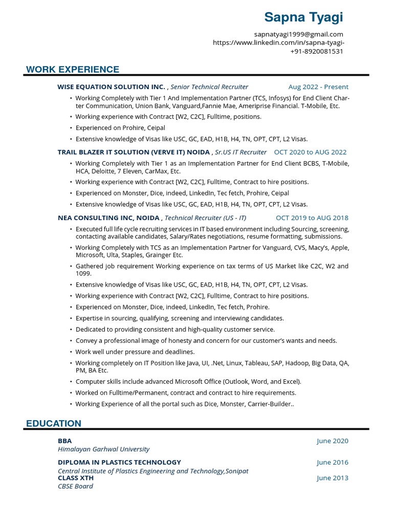 Sapna Tyagi: Senior Technical Recruiter | PDF | Business | Computers