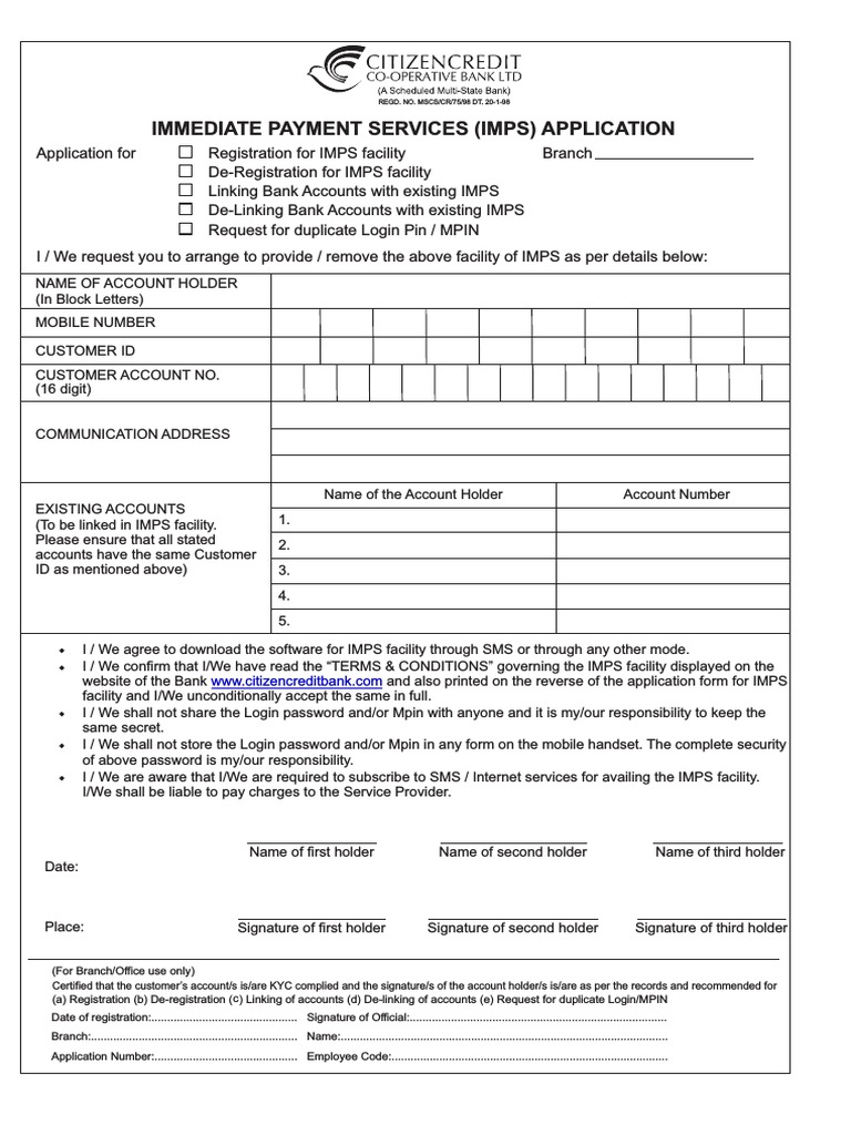 IMPS Application Form | Download Free PDF | Banks | Information
