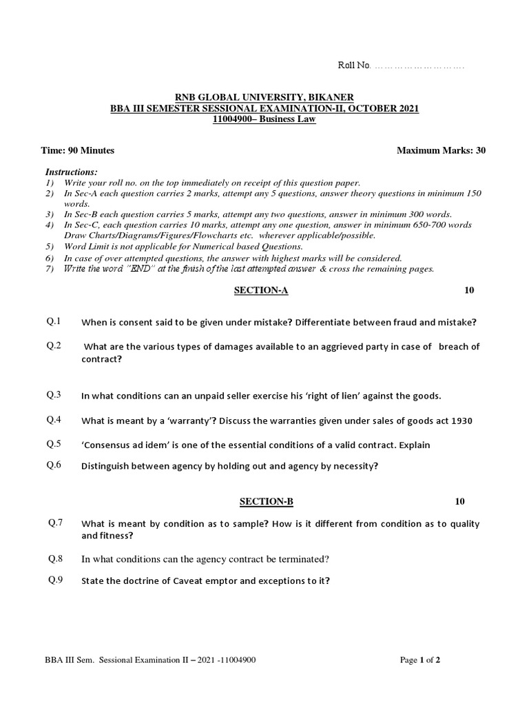 Bba 3rd Sem Business Law Set 2 Pdf Breach Of Contract Law Of