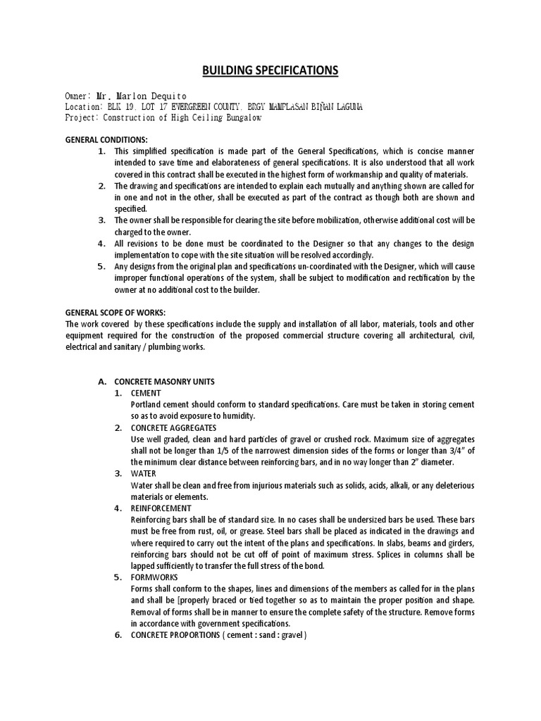 Building Specs | PDF | Concrete | Masonry