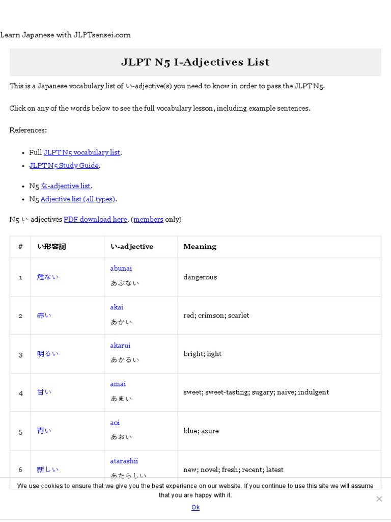 JLPT N5 I-Adjectives List | PDF | Languages | Foreign Language Studies