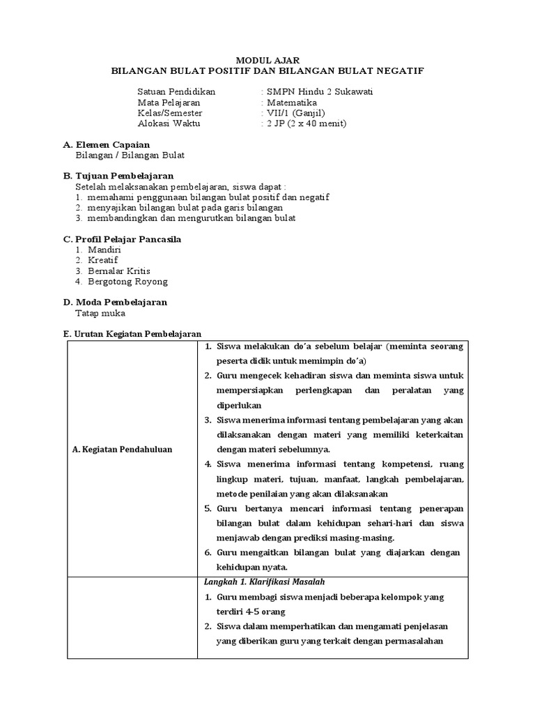 Pembelajaran Bilangan Bulat SMP | PDF