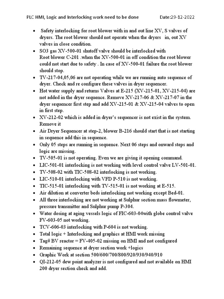 Comprehensive List of PLC, HMI, Logic and Interlocking Updates Needed ...
