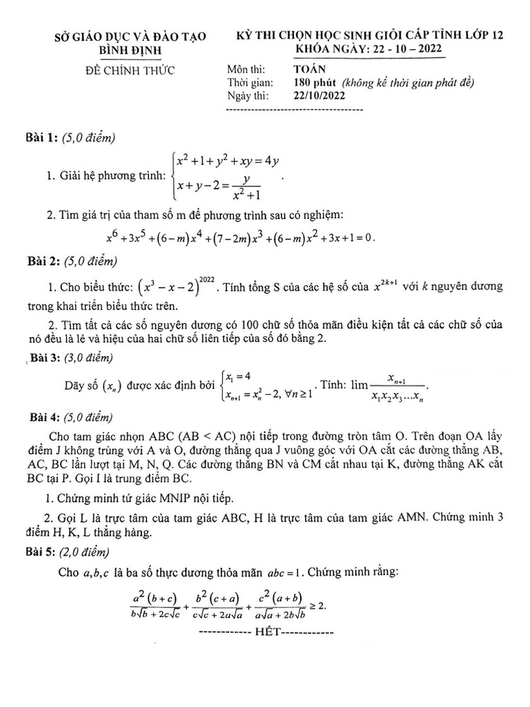 De Hoc Sinh Gioi Toan 12 Cap Tinh Nam 2022 2023 So GDDT Binh Dinh | PDF