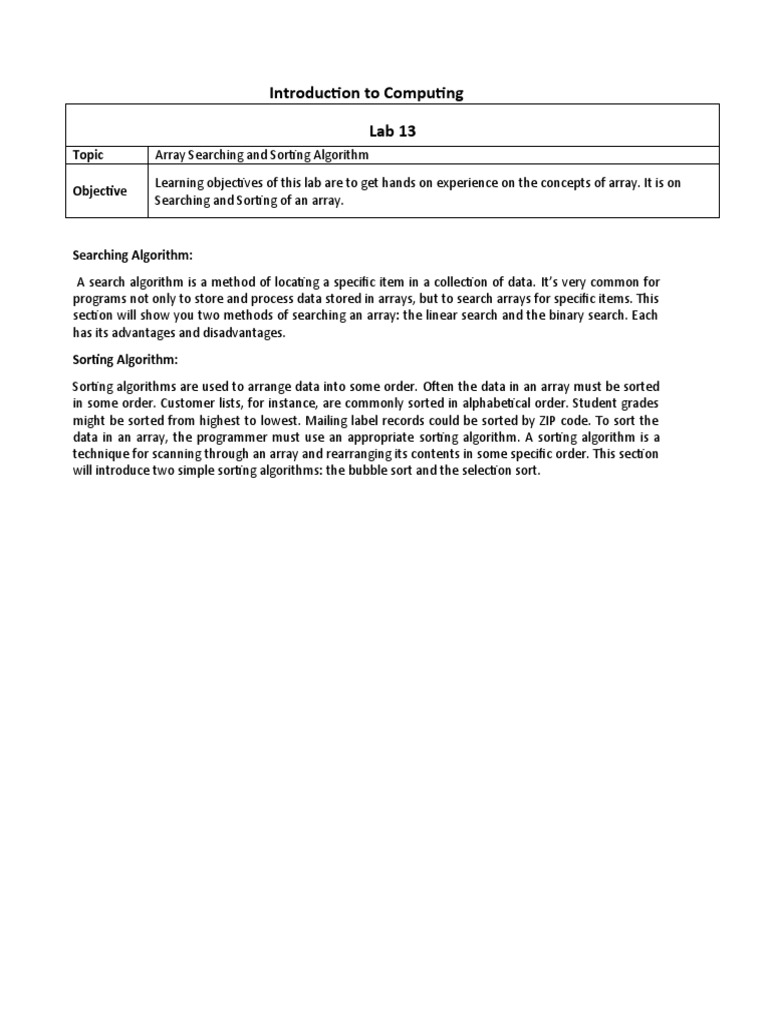 Lab 12 Int Array Searching And Sorting Pdf Computer Program Programming
