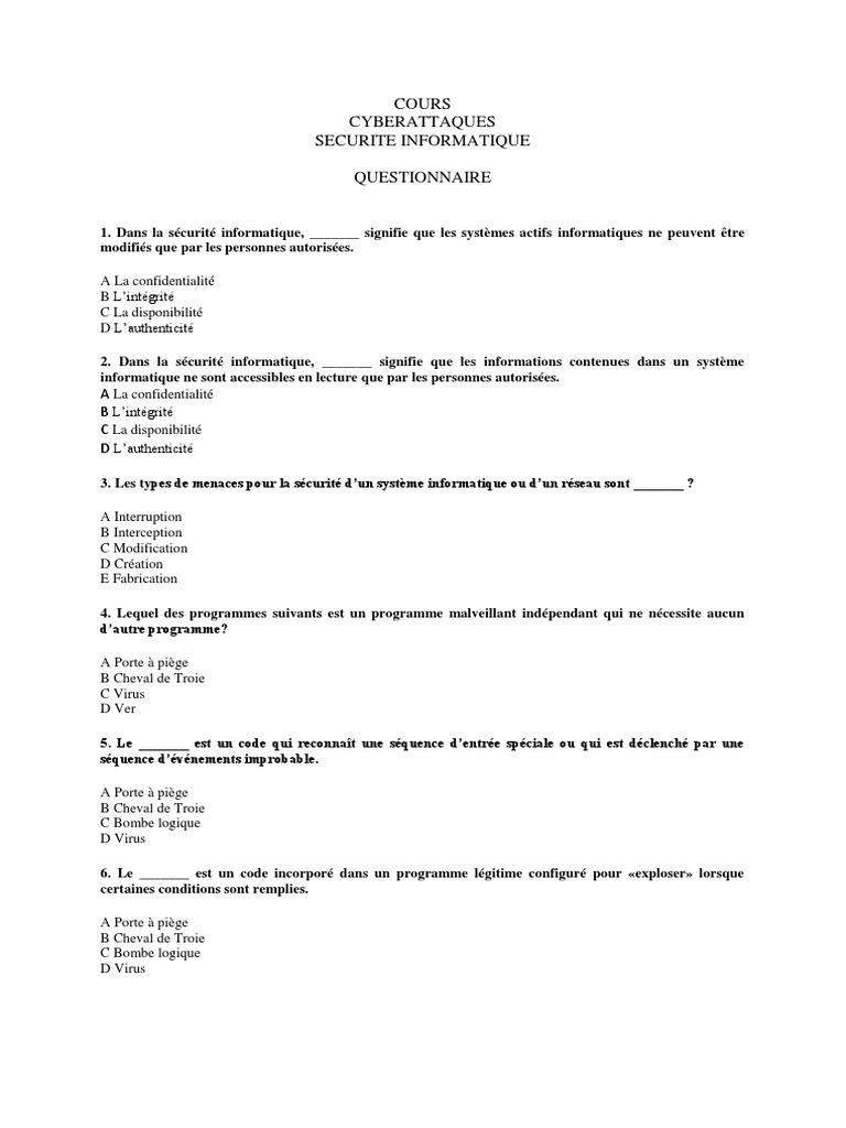 Questionnaire sur la sécurité informatique | PDF | Sécurité | Sécurité ...