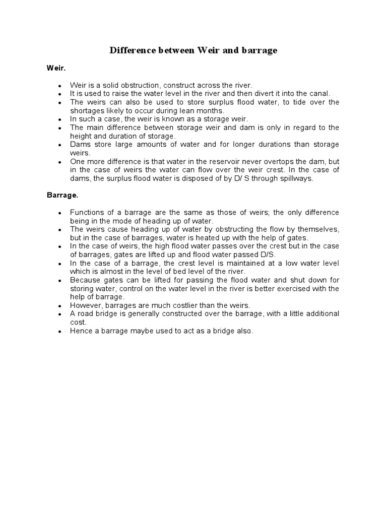 Difference Between Weir and Barrage | PDF Difference Between Weir and Barrage | PDF