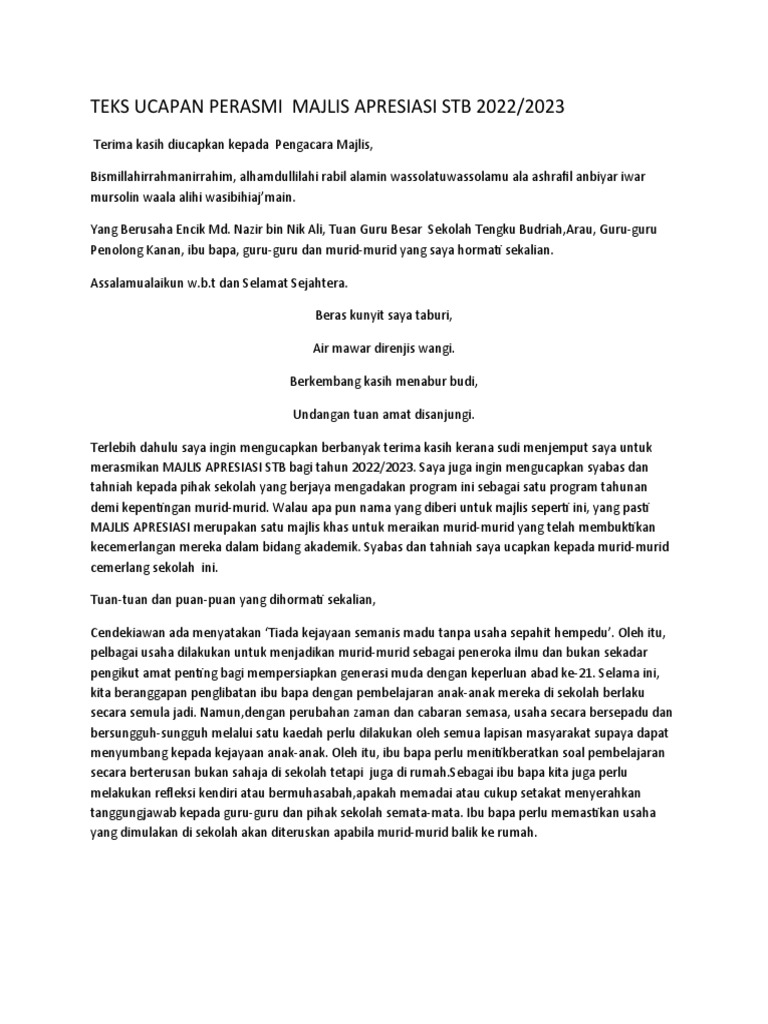 Teks Ucapan Perasmi Majlis Apresiasi STB 2022 | PDF