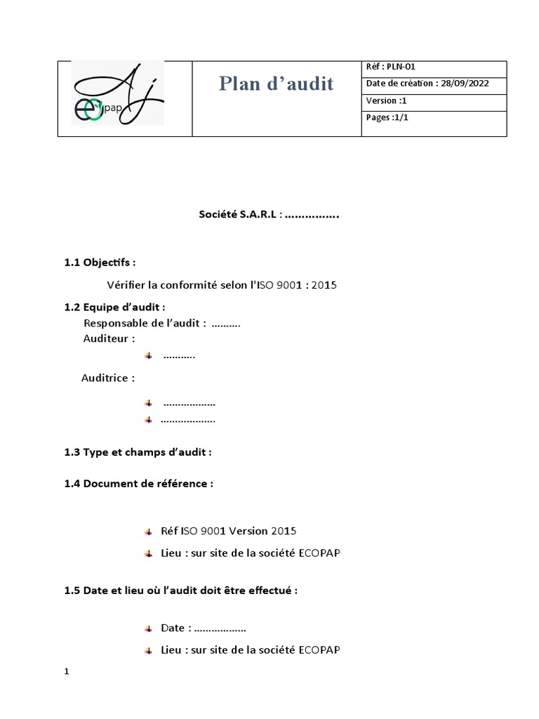 Plan d'Audit ISO 9001:2015 | PDF