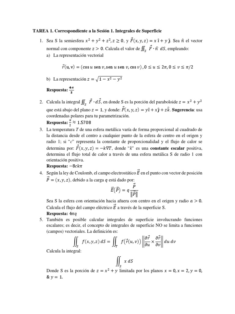Tarea1 Integrales Superficie-1 | PDF | Integral | Vector Euclidiano