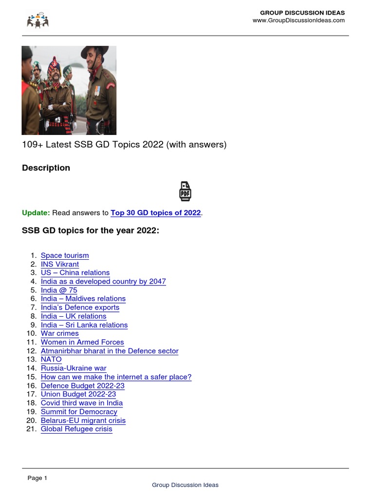 109+ Latest SSB GD Topics 2022 (With Answers) | PDF | International ...
