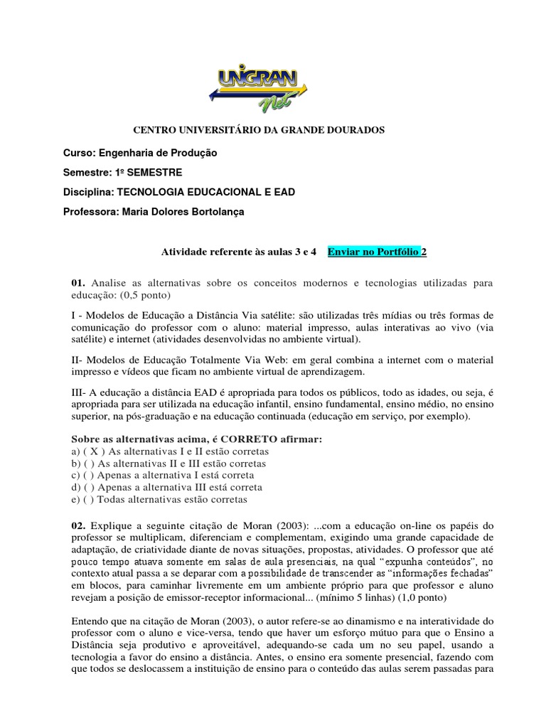 Atividades Aula 3 E 4 Curso De Engenharia De Produção Pdf