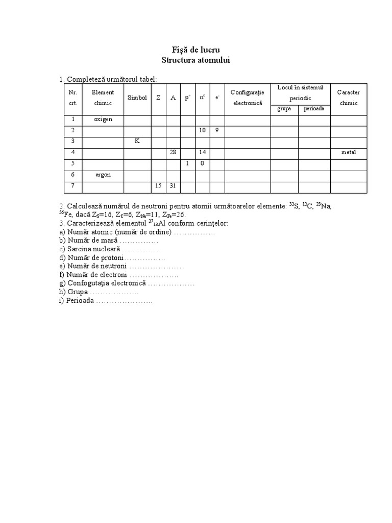 Fisa de Lucru Structura Atomului | PDF