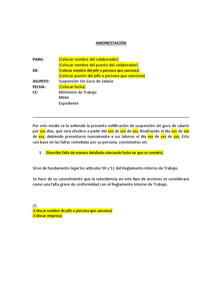 Plantilla Amonestación Suspensión Sin Goce de Salario 2016 | PDF