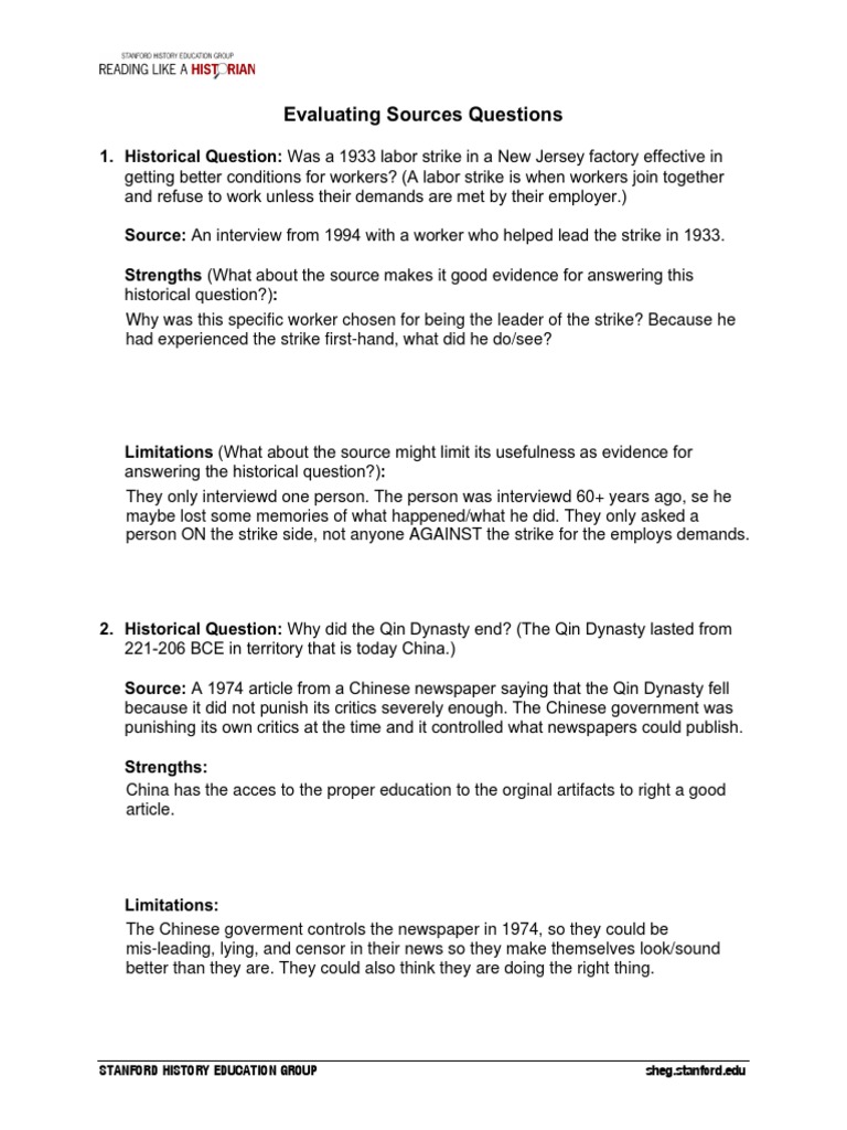 Evaluating Sources Like A Historian Student Materials - 1 | PDF ...