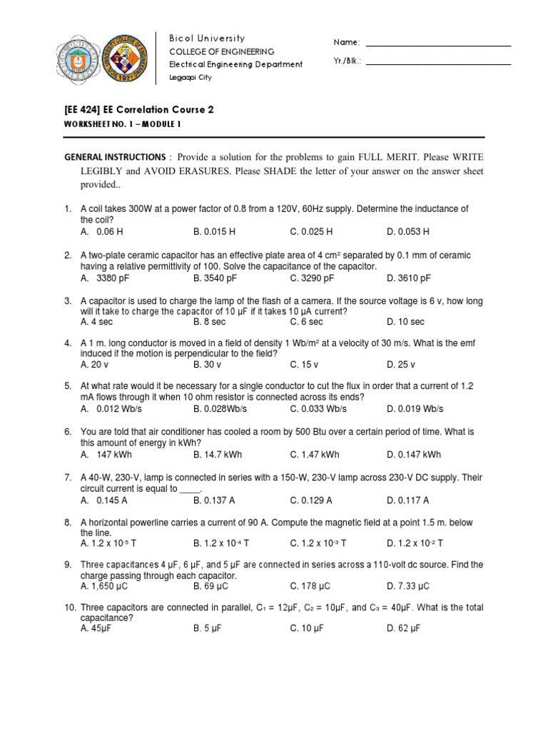 Worksheet No. 1 - Module 1 | PDF | Inductance | Inductor