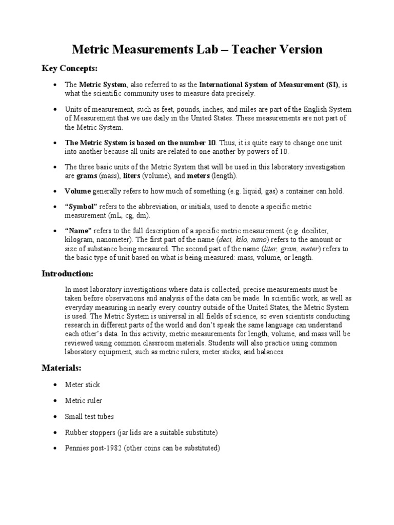 Metric Measurements Lab - Teacher Version | PDF | Weighing Scale ...