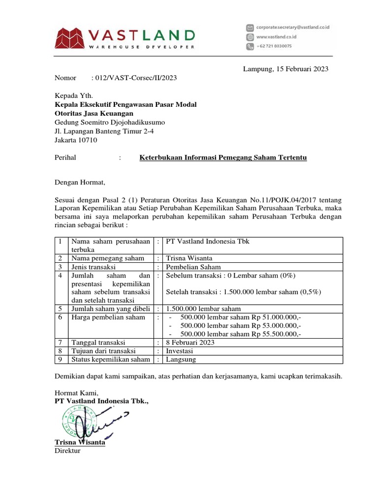 VAST - Laporan Kepemilikan Atau Setiap Perubahan Kepemilikan Saham Perusahaan Terbuka - 31257218 ...