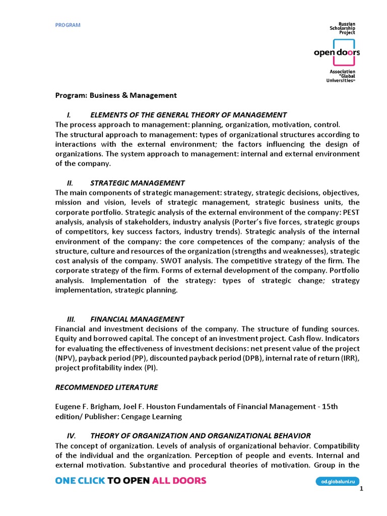 Program: Business & Management: I. Elements of The General Theory of ...