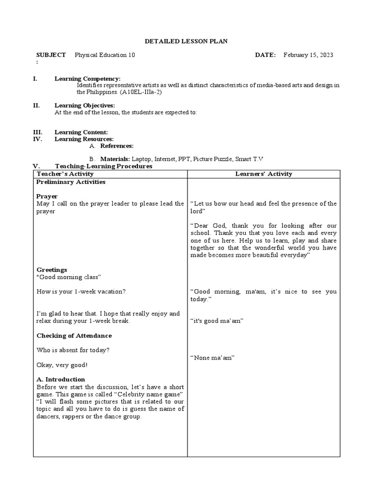 A Detailed Lesson Plan in Pe 10 - 1 | PDF | Aerobic Exercise | Physical ...