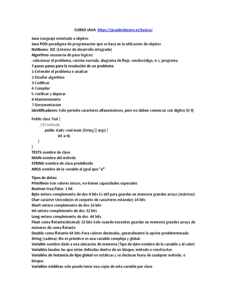 Curso Java | PDF | Java (lenguaje de programación) | Poco