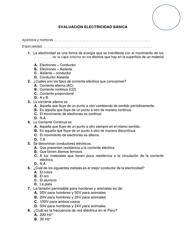 Examen Electricidad | PDF | Corriente eléctrica | voltaje