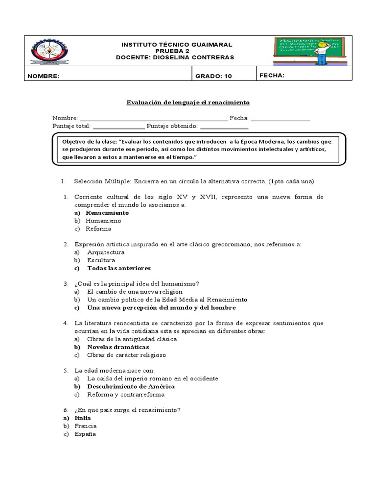 Evaluacion Decimo Grado | PDF | Renacimiento